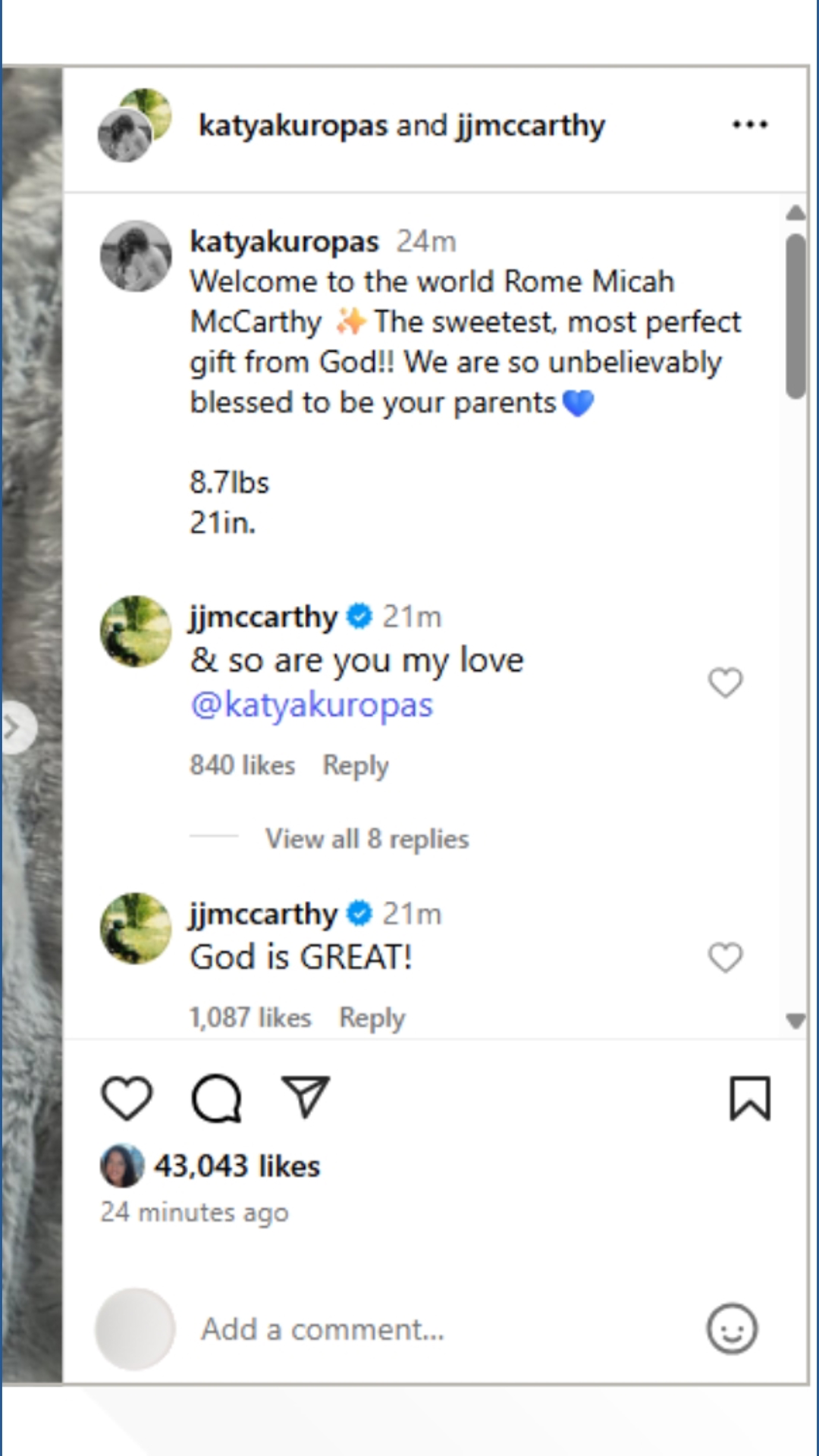 Vikings QB J.J. McCarthy, fiancée Katya Kuropas welcome baby Rome Micah ...