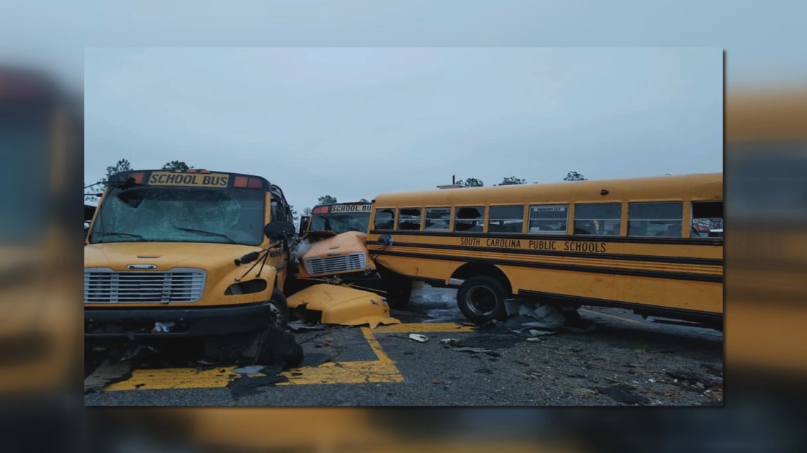 School bus vehicles damaged after tornado rips through Kershaw county ...