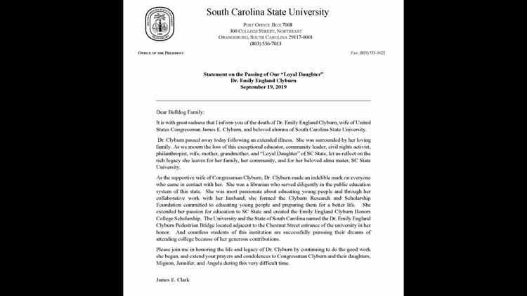 Emily Clyburn, wife of Rep. James Clyburn, passes away | wltx.com